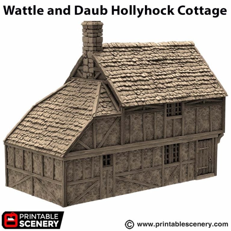Wattle and Daub Hollyhock Cottage - Printable Scenery
