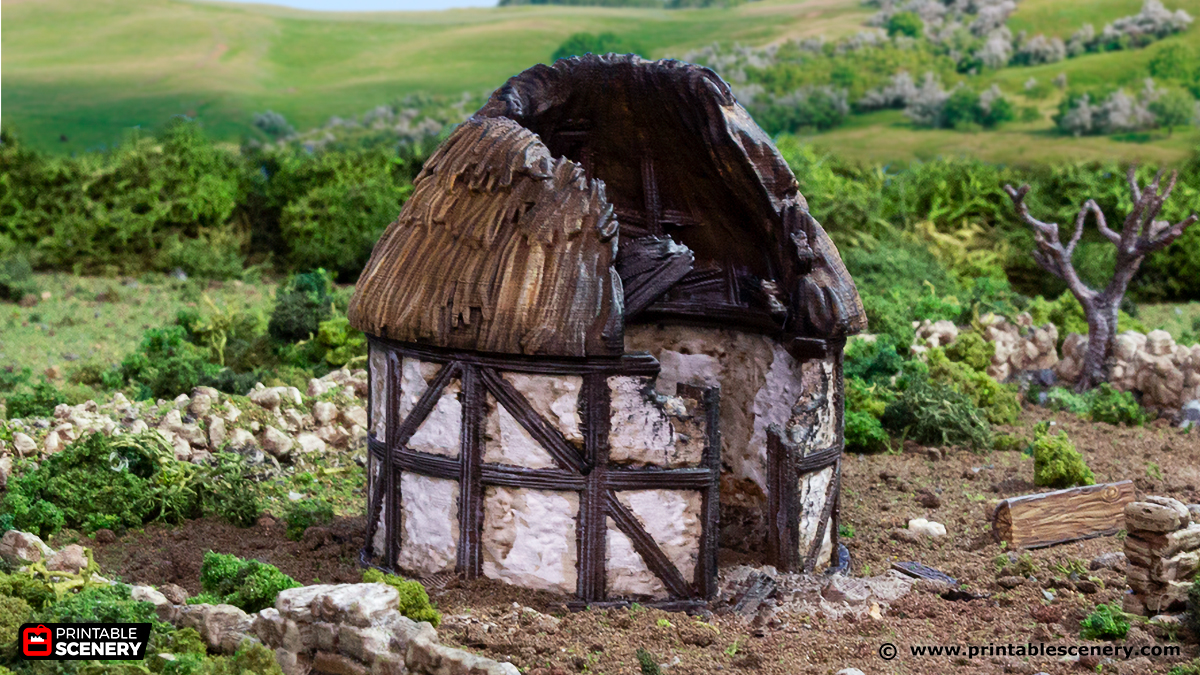 Ruined Small Round House - Printable Scenery